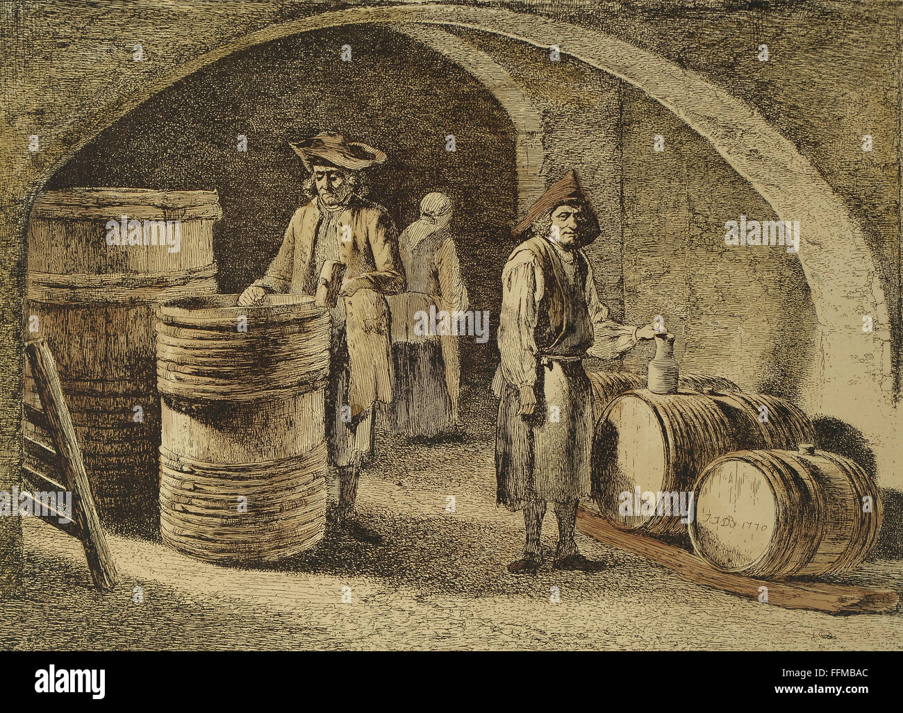 alcohol, grape vine, cellarmen in wine cellar, coloured etching by ...