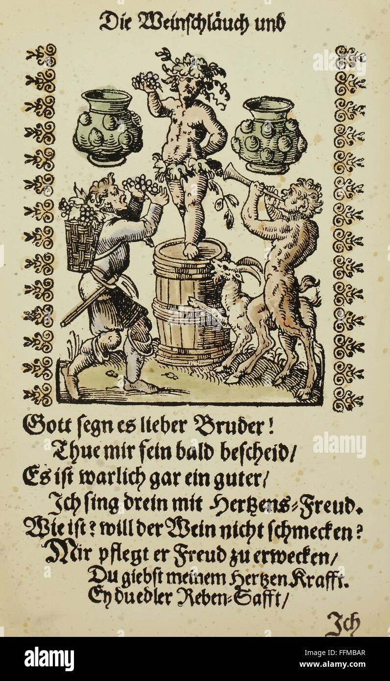 alcohol, grape vine, Bacchus triumphant, coloured woodcut by Jost Amman ...