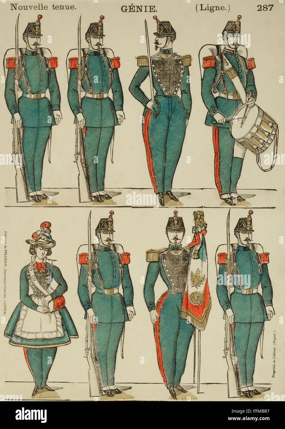 military, France, combat engineers, coloured woodcut, 38 x 27 cm, print ...