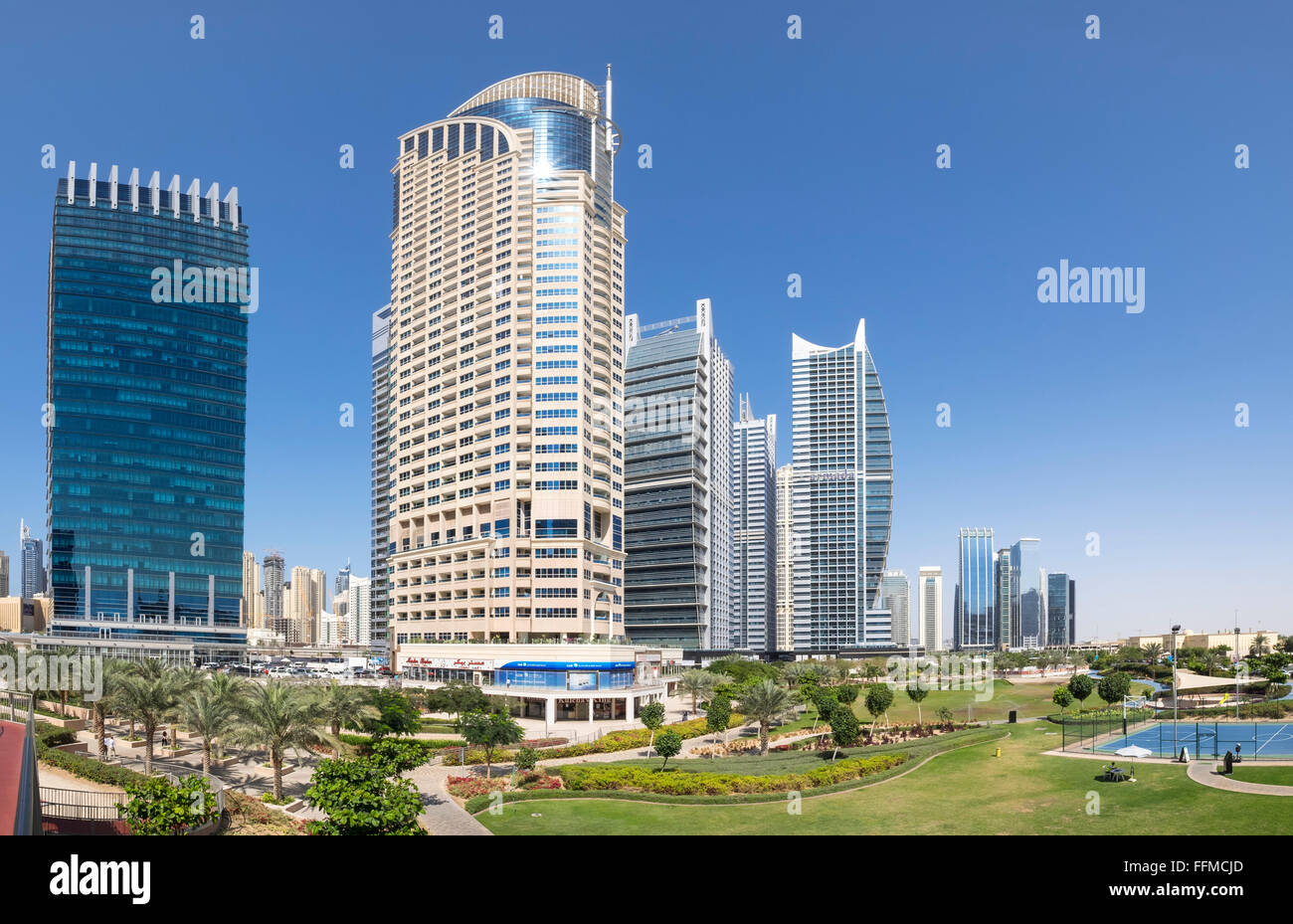 Daytime skyline view of modern high-rise office and apartment buildings ...