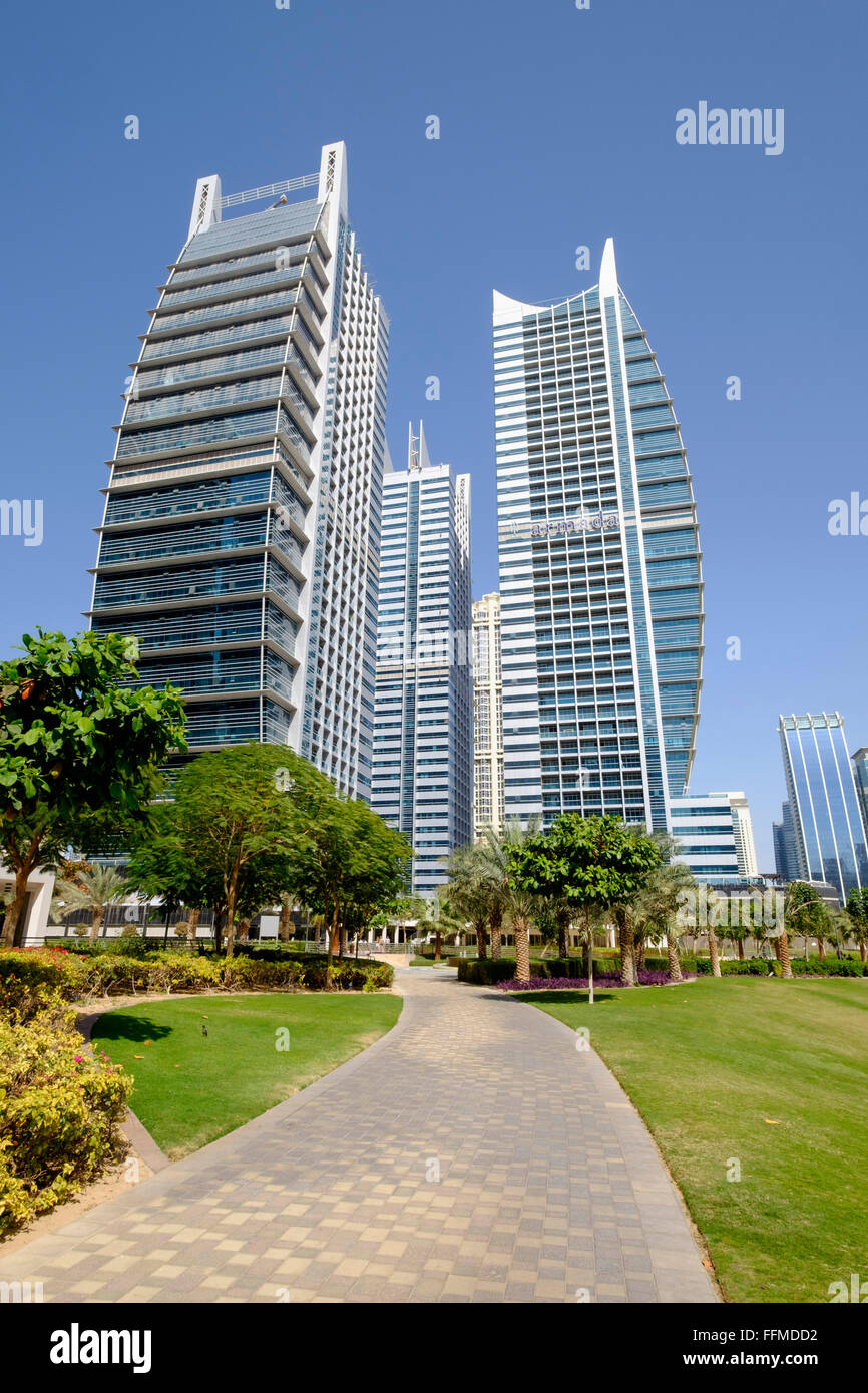 Daytime skyline view of modern high-rise office and apartment buildings ...