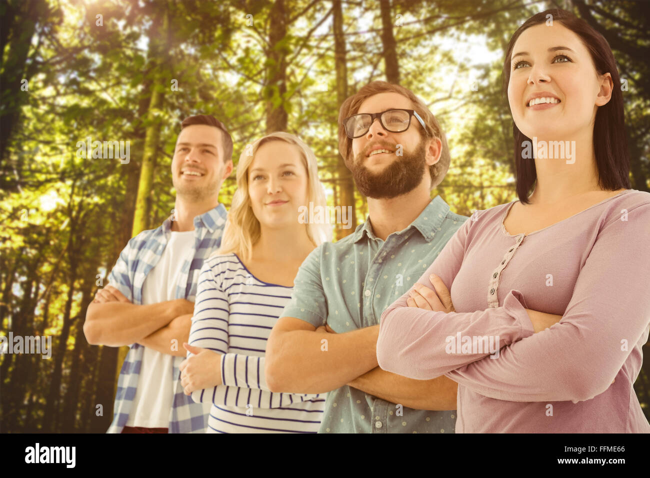 Composite image of smiling business people standing in row with arms ...