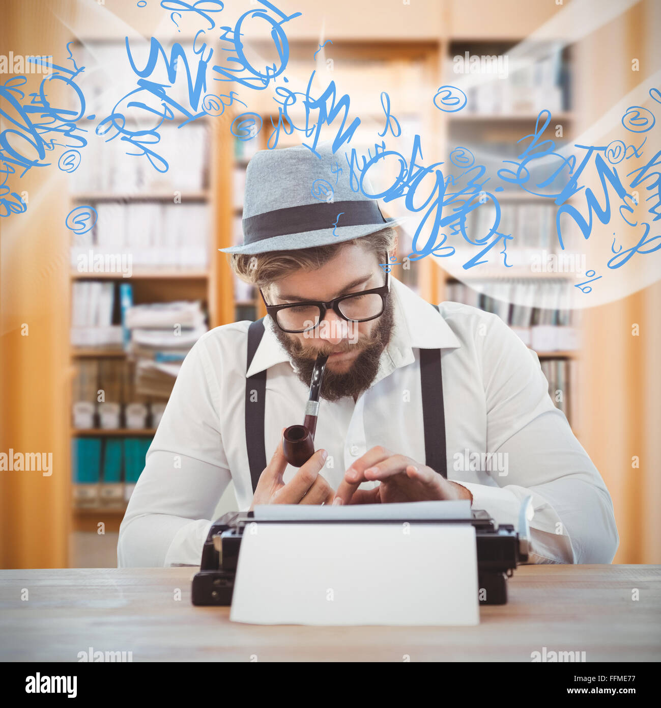 Composite image of hipster smoking pipe while working at desk Stock ...