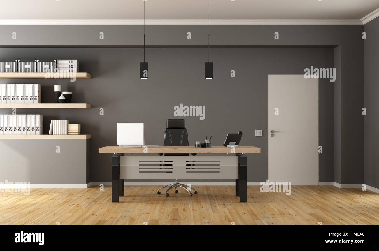 Contemporary office with minimalist desk,closed door and shelves with ...