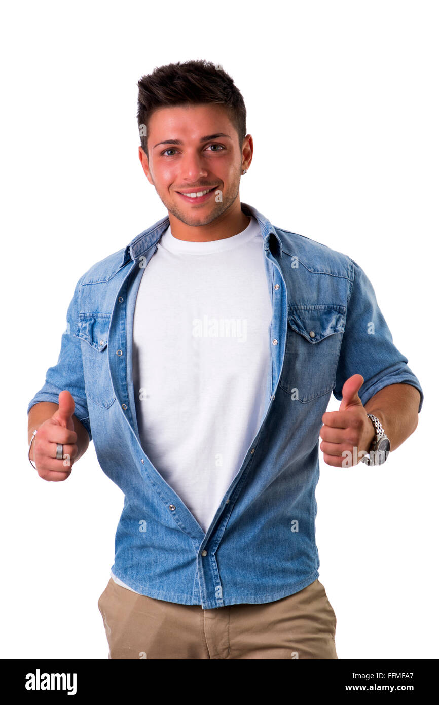 Handsome young man opening shirt on chest, revealing white t-shirt ...