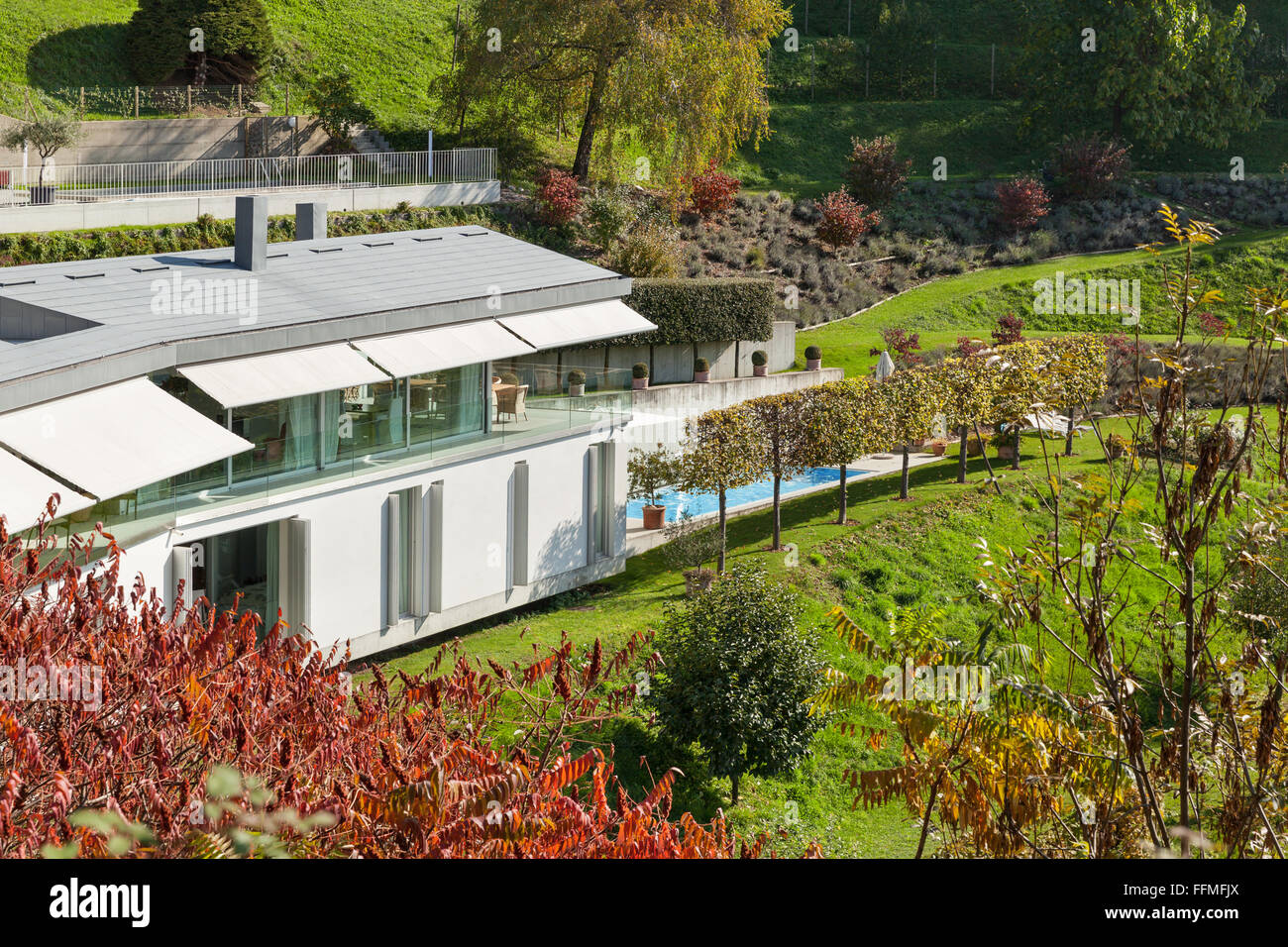 Architecture, modern house view from the garden Stock Photo - Alamy
