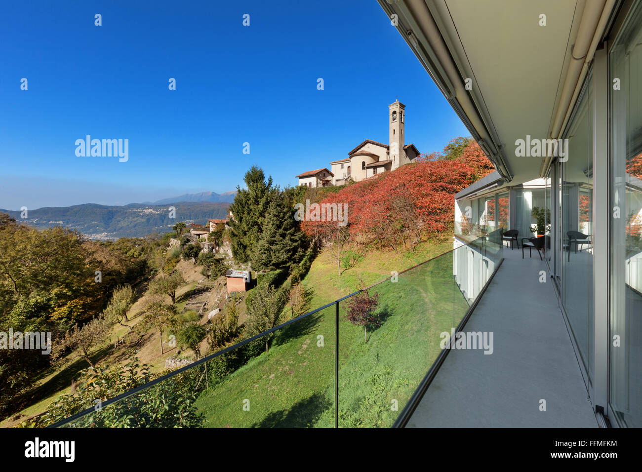 Architecture, perspective balcony of a modern house, outdoors Stock ...