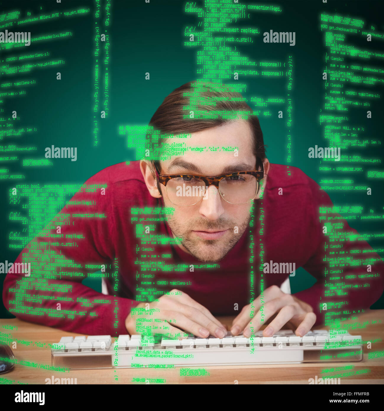 Composite image of portrait of concentrated man working on computer ...
