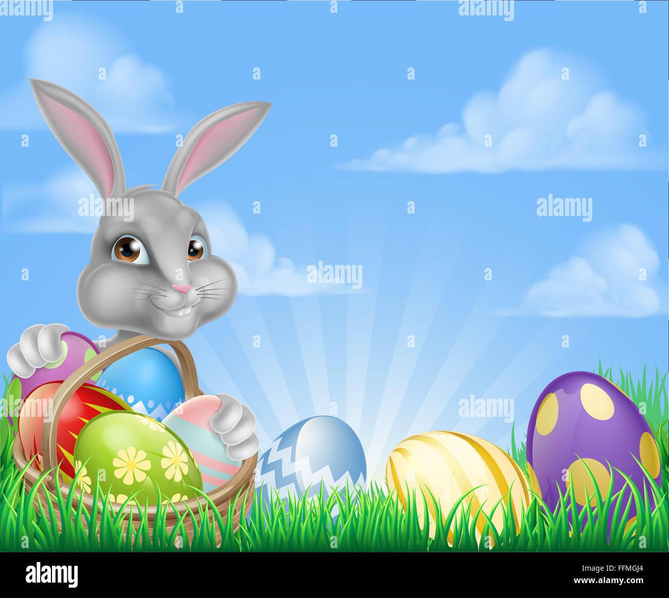 Cartoon easter scene. White Easter bunny with a basket full of ...