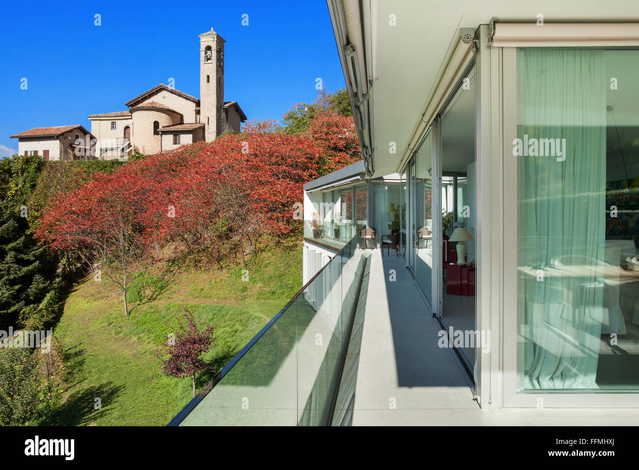 Architecture, perspective balcony of a modern house, outdoors Stock ...