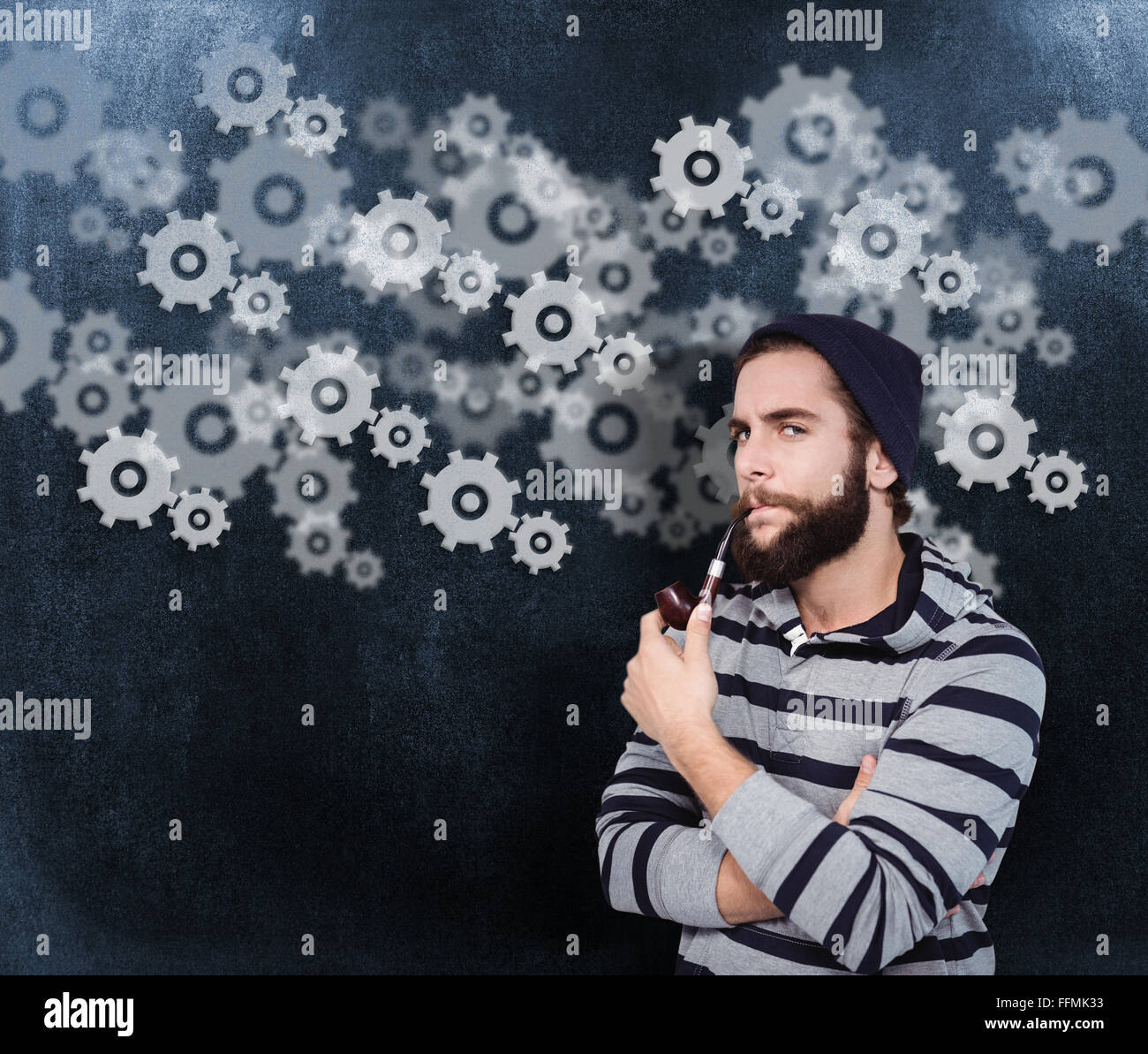 Composite image of portrait of serious hipster smoking pipe Stock Photo ...