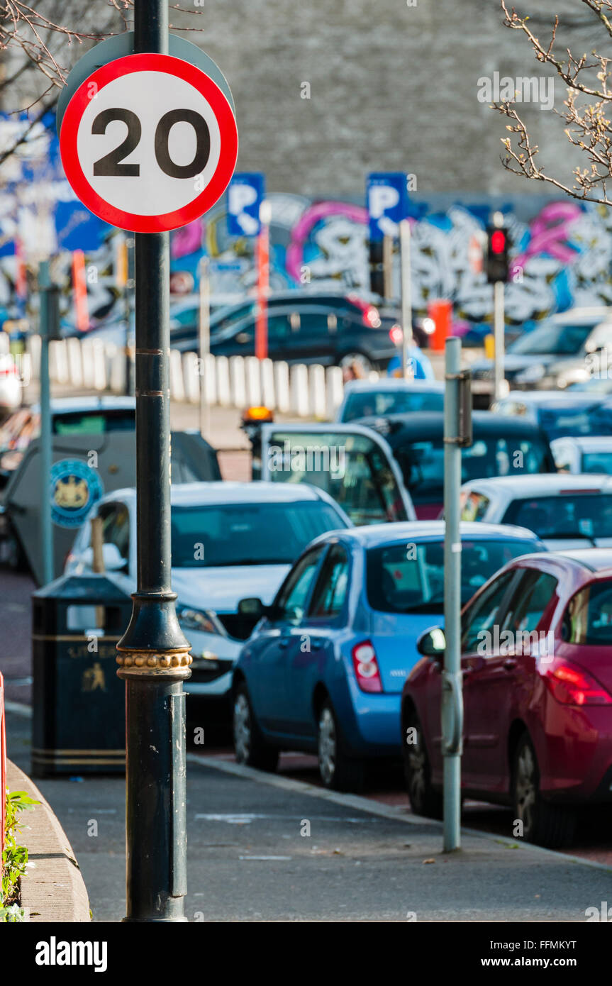 Twenty mile per hour speed limit sign reminder on a lampost in a city ...
