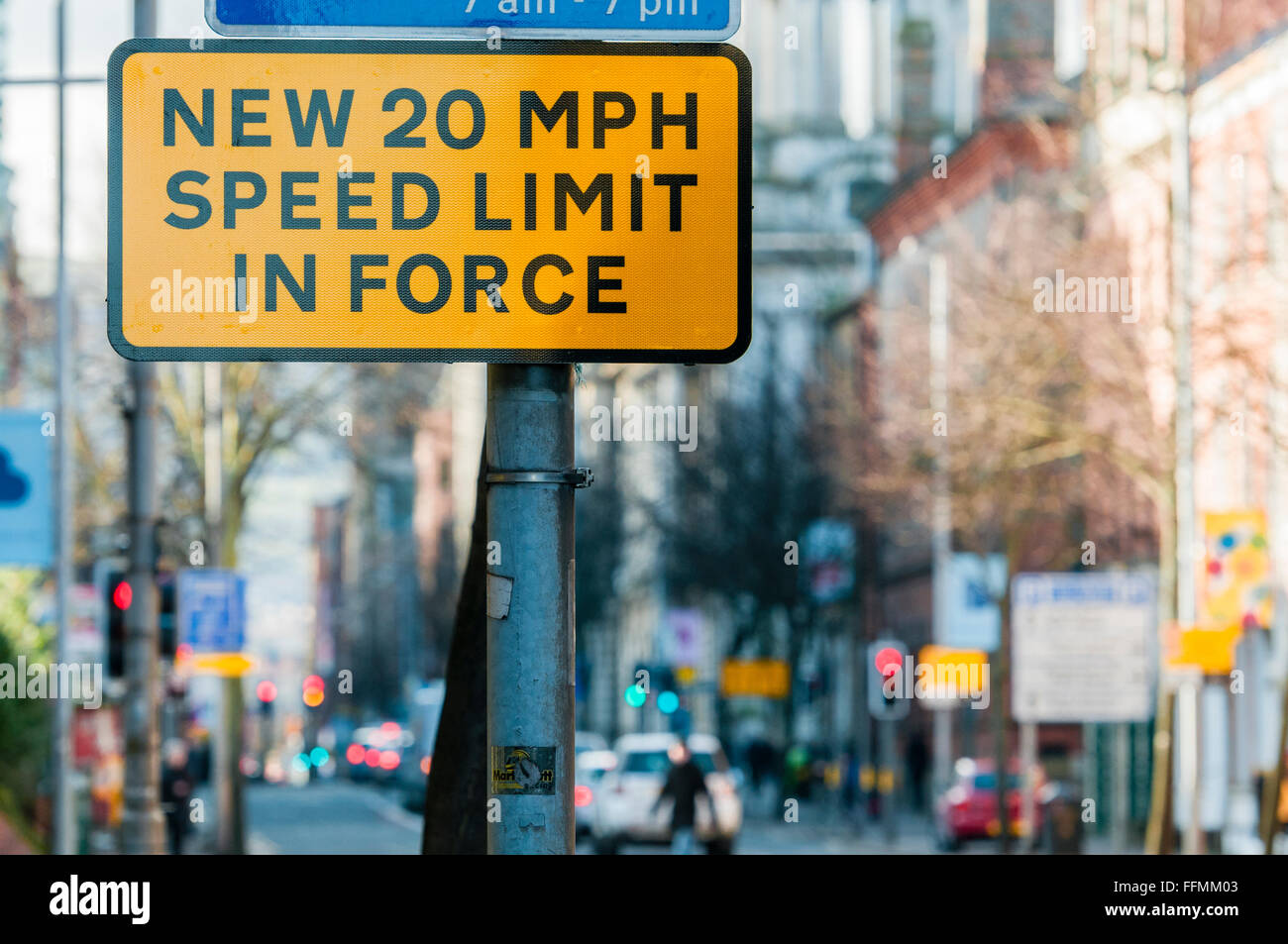 Road sign in a UK city centre warning motorists that a new 20 mile per ...