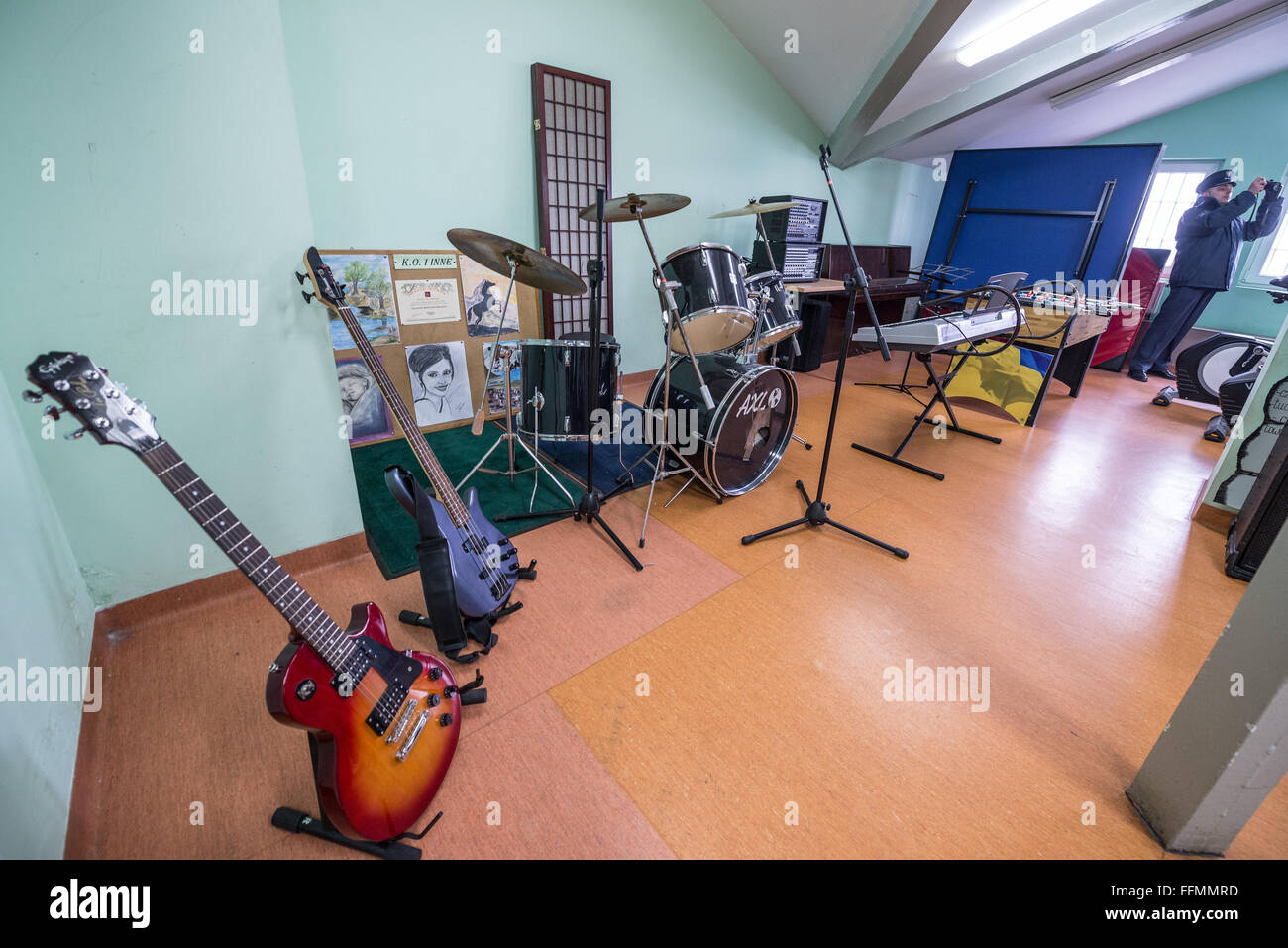 Music instruments in the common room of the Sluzewiec Prison in Warsaw ...
