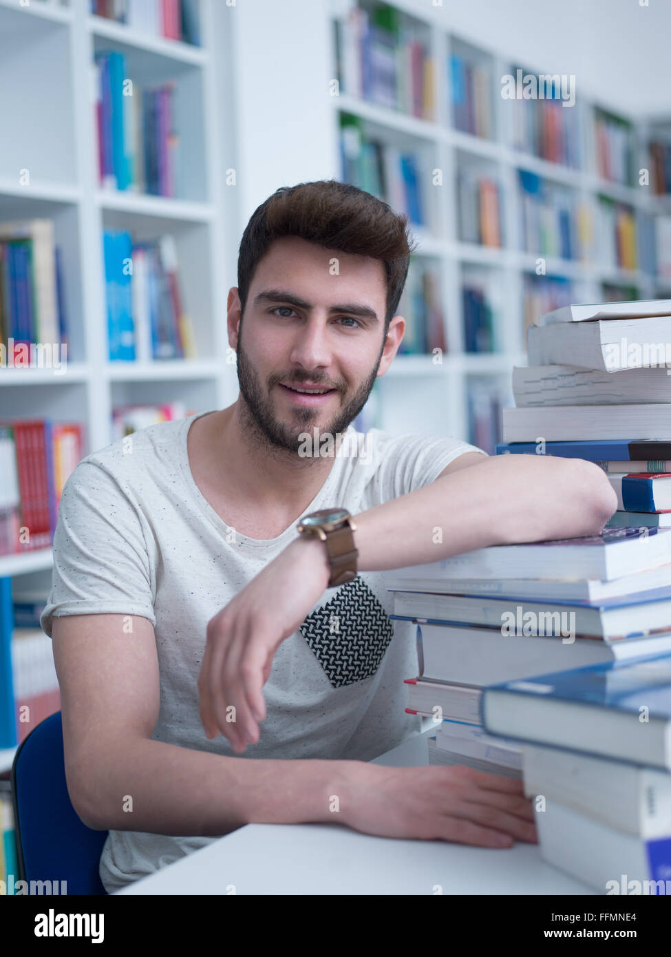 portrait of student in collage school library, arab youth learning and ...