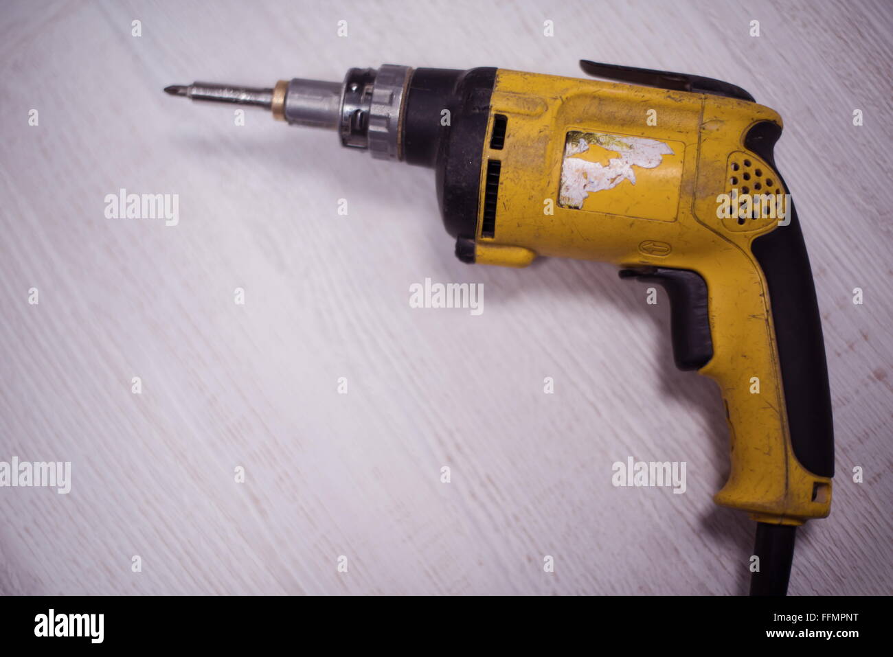 drill machine isolated on white old retro wood background Stock Photo ...