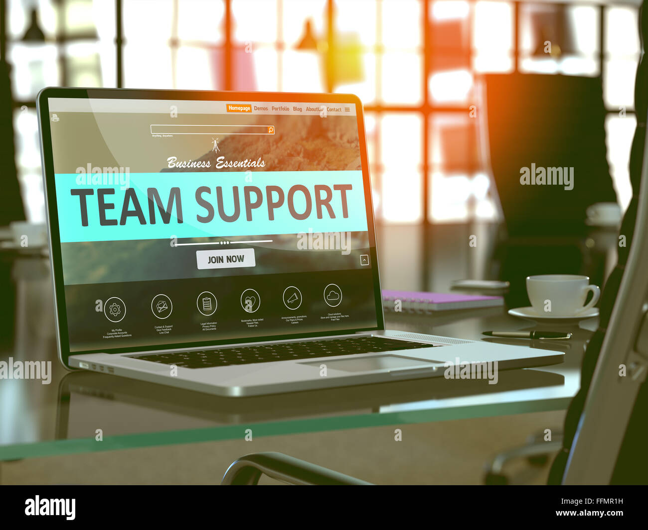 Team Support on Laptop in Modern Workplace Background Stock Photo - Alamy