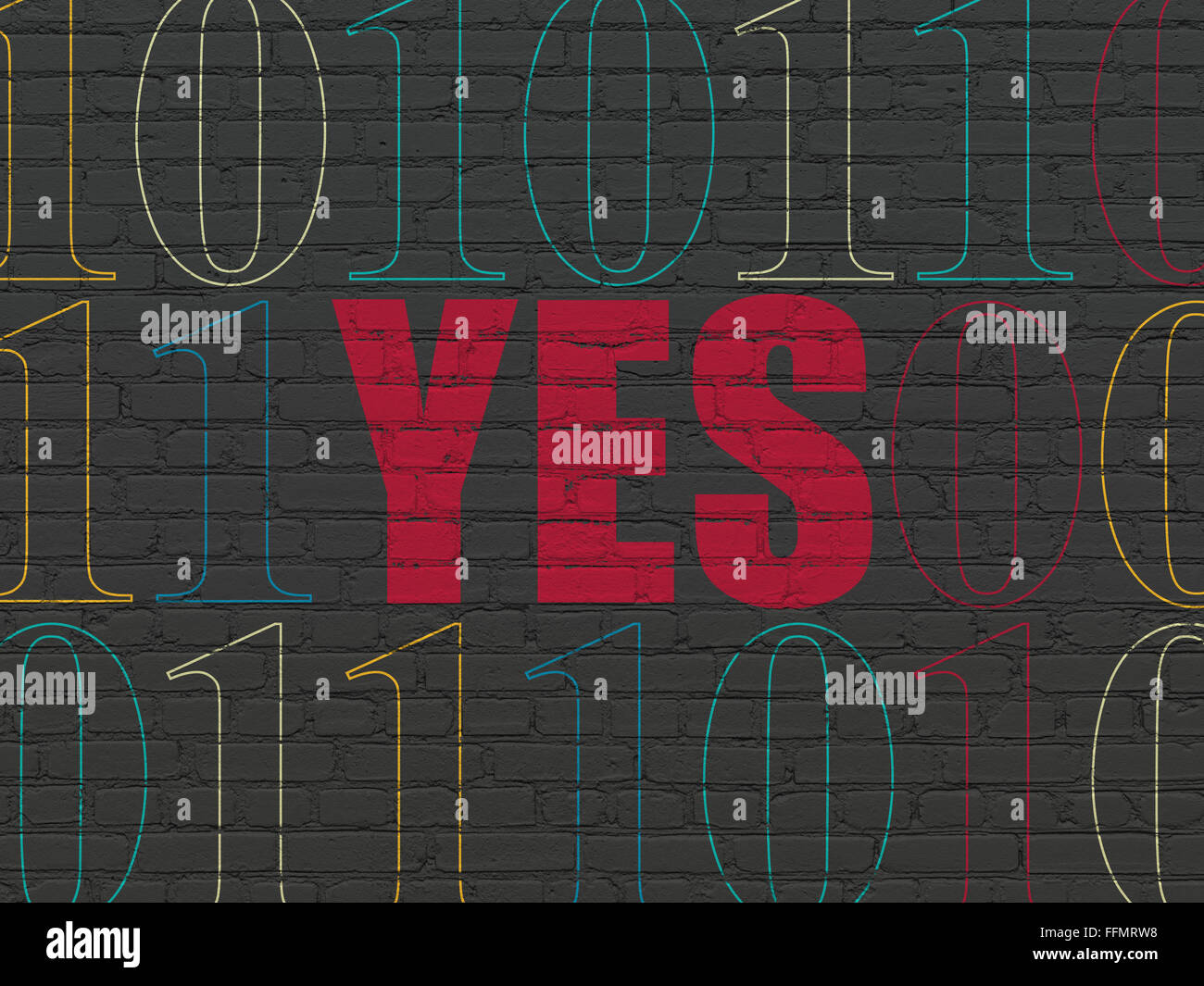 Business concept: Painted red text Yes on Black Brick wall background with Binary Code Stock ...