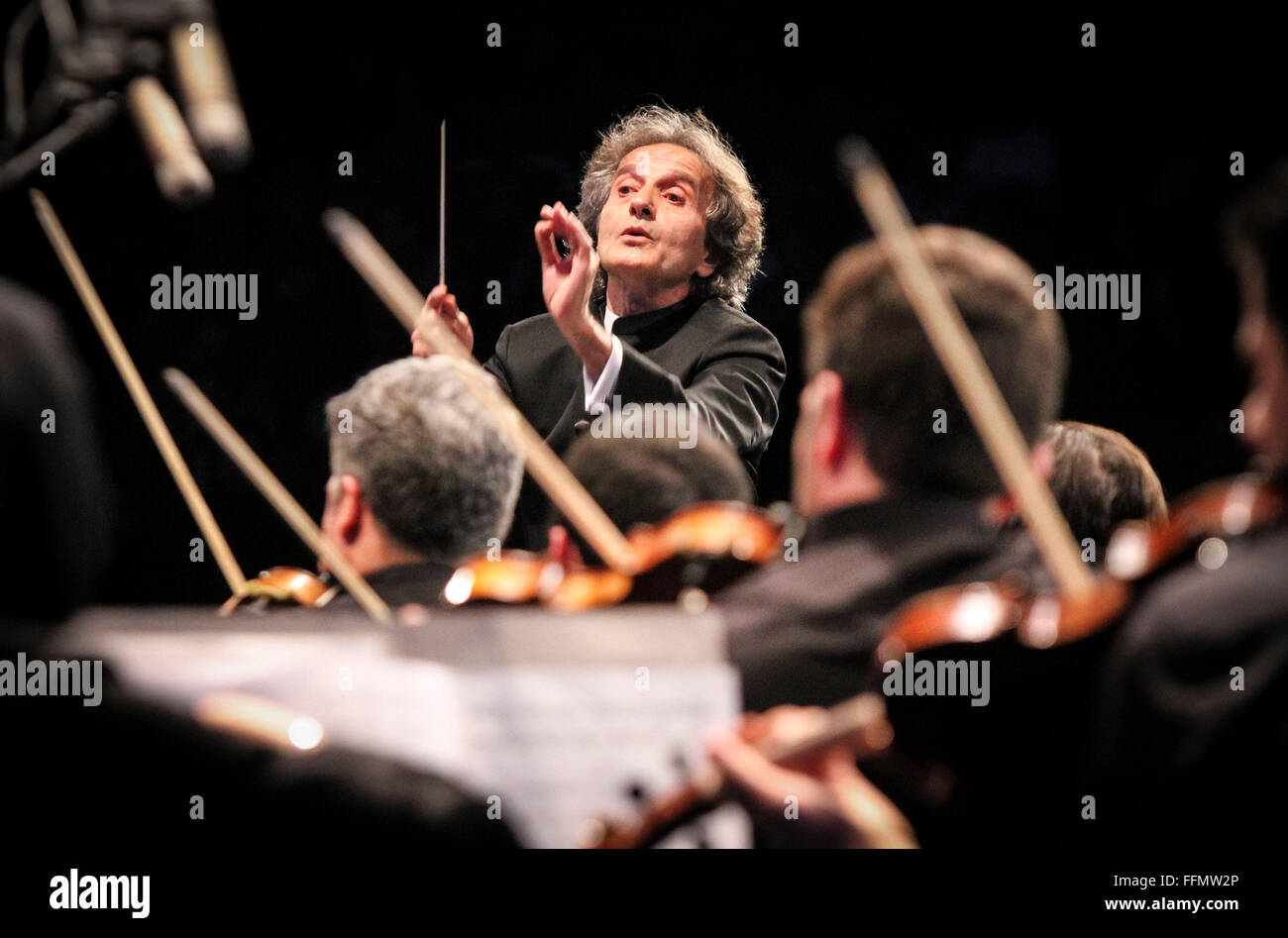 Tehran, Iran. 15th Feb, 2016. The conductor of an Iranian orchestra ...