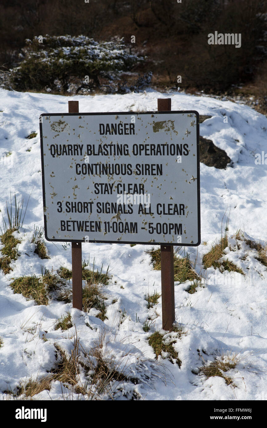 A sign warms of quarry blasting at Upper Teesdale in County Durham ...