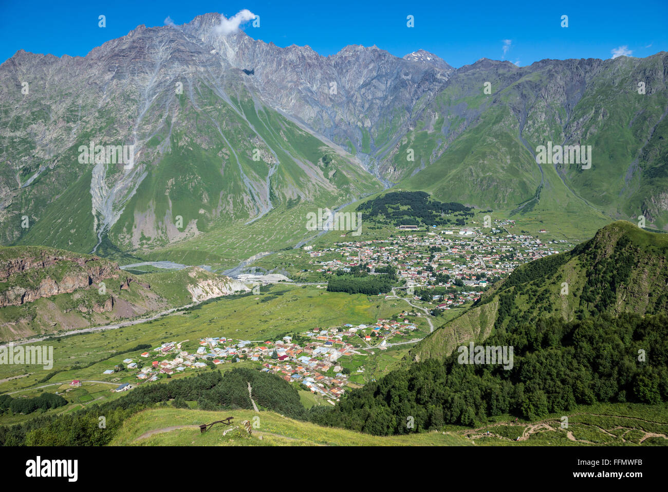 View on Gergeti village and Stepantsminda (former Kazbegi) town in ...