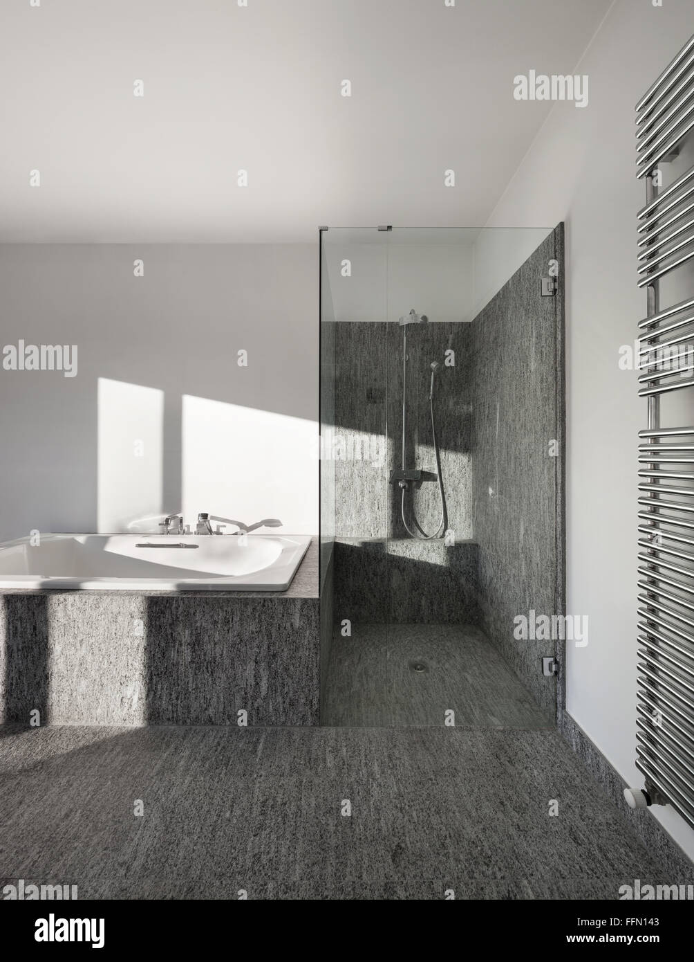 Interior, modern bathroom of an house, bathtub and shower Stock Photo ...