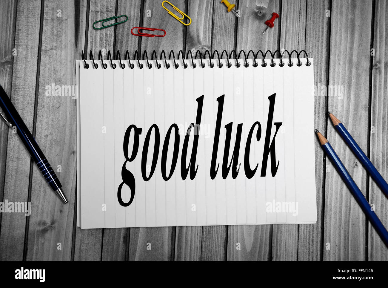 Good luck word on notebook Stock Photo - Alamy
