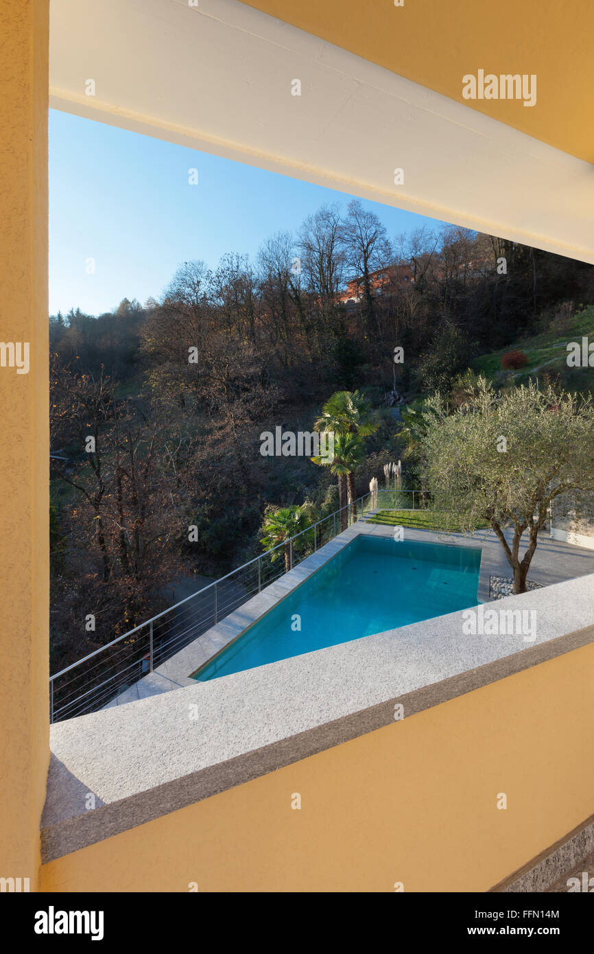 architecture, terrace with pool, view from the window Stock Photo - Alamy