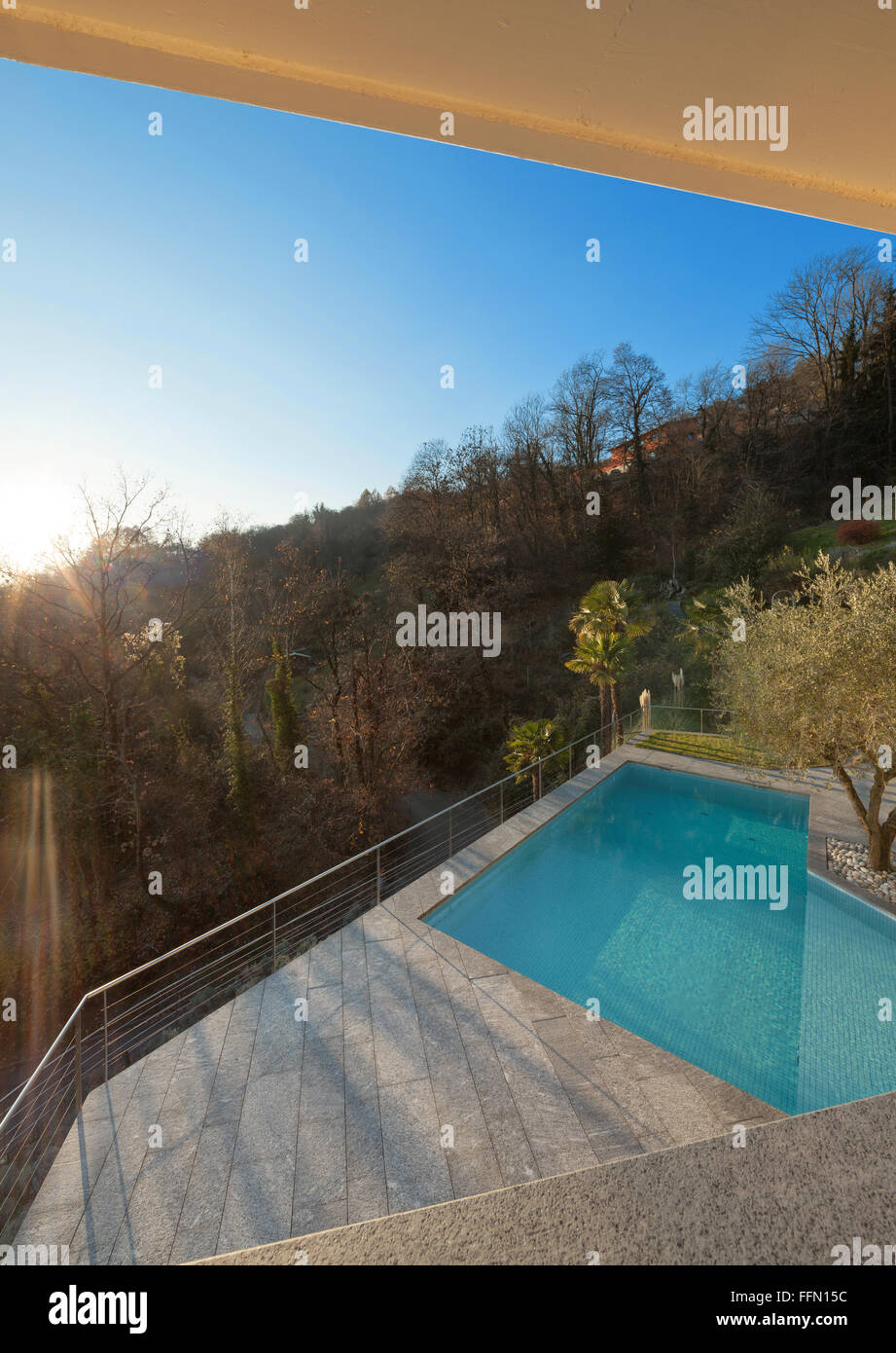 architecture, terrace with pool, view from the window Stock Photo - Alamy