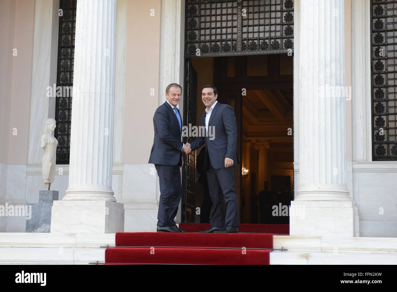 Athens, Greece. 16th Feb, 2016. Handshake between Greek Prime Minister ...