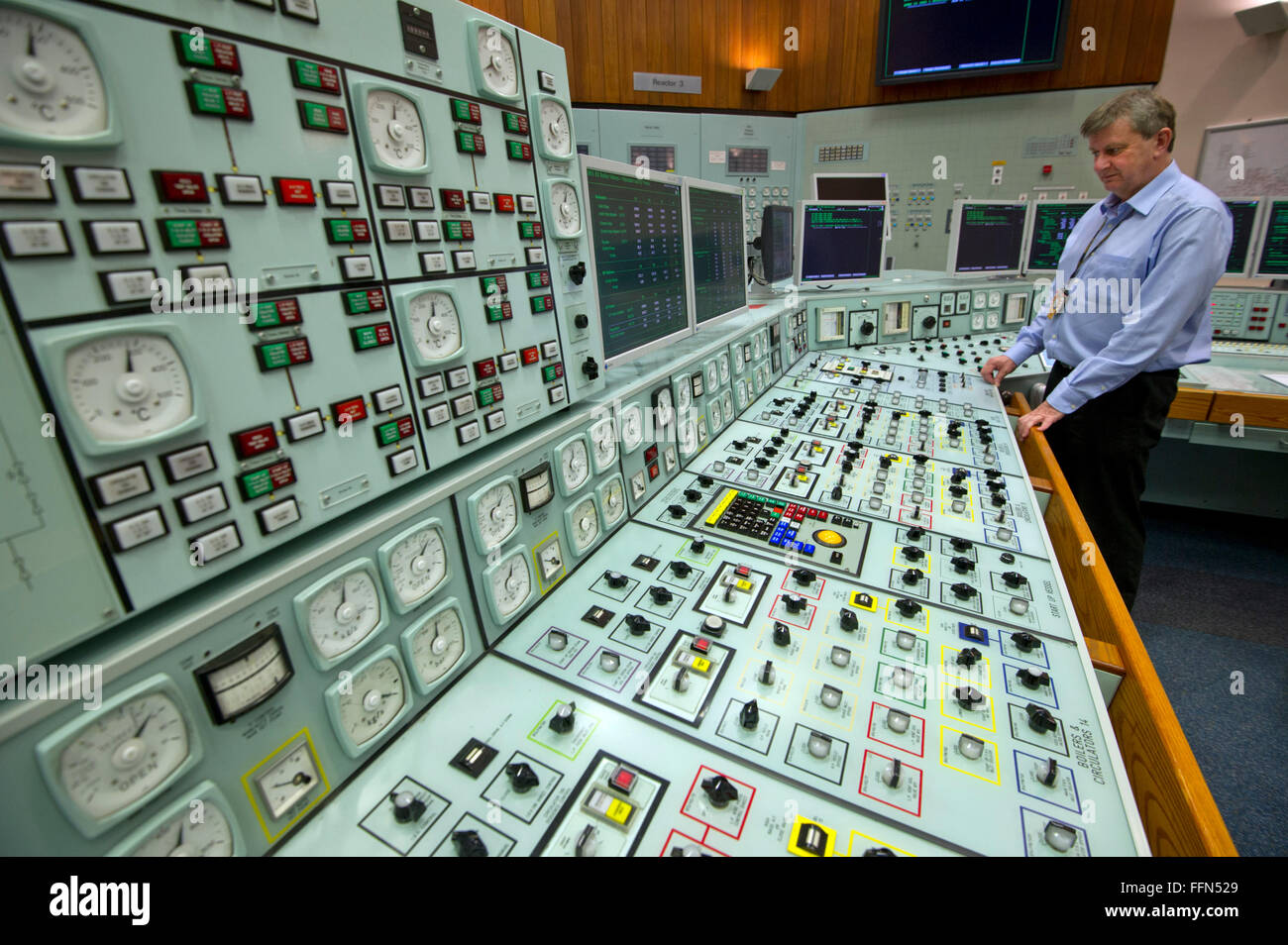 Control room and reactor shut-down switch in Hinkley Point B nuclear power station. Somerset, UK ...
