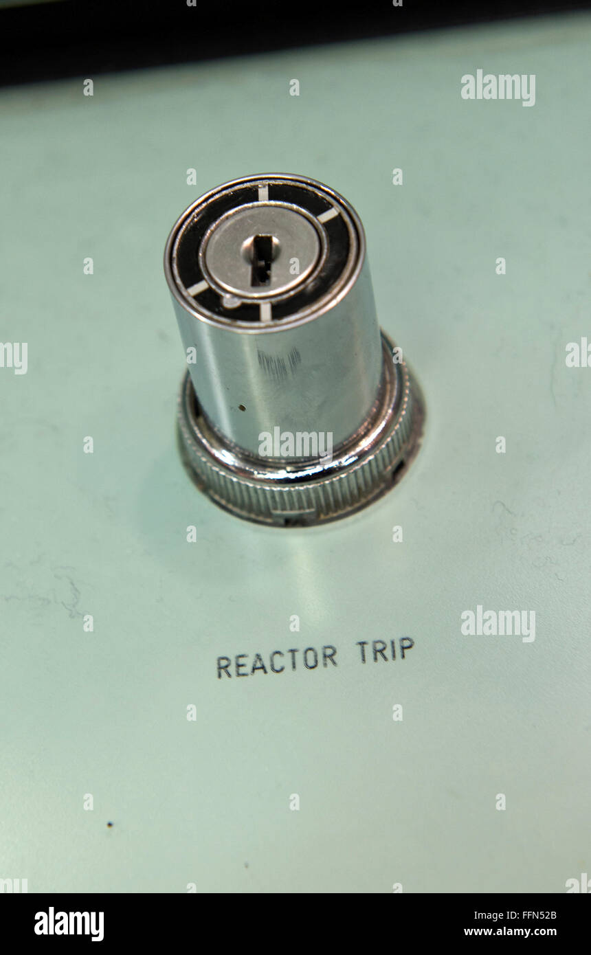 Control room and reactor shut-down switch in Hinkley Point B nuclear power station. Somerset, UK ...