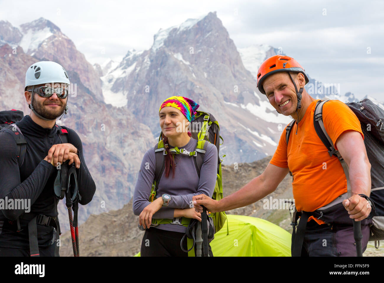 Cheerful mountain climbers portrait Stock Photo - Alamy