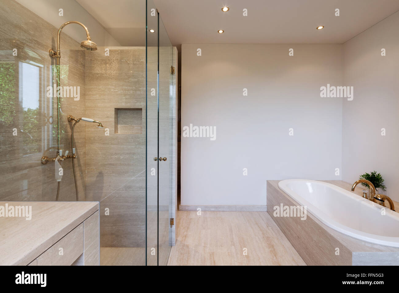 Interior, modern bathroom of an house, bathtub and shower Stock Photo ...