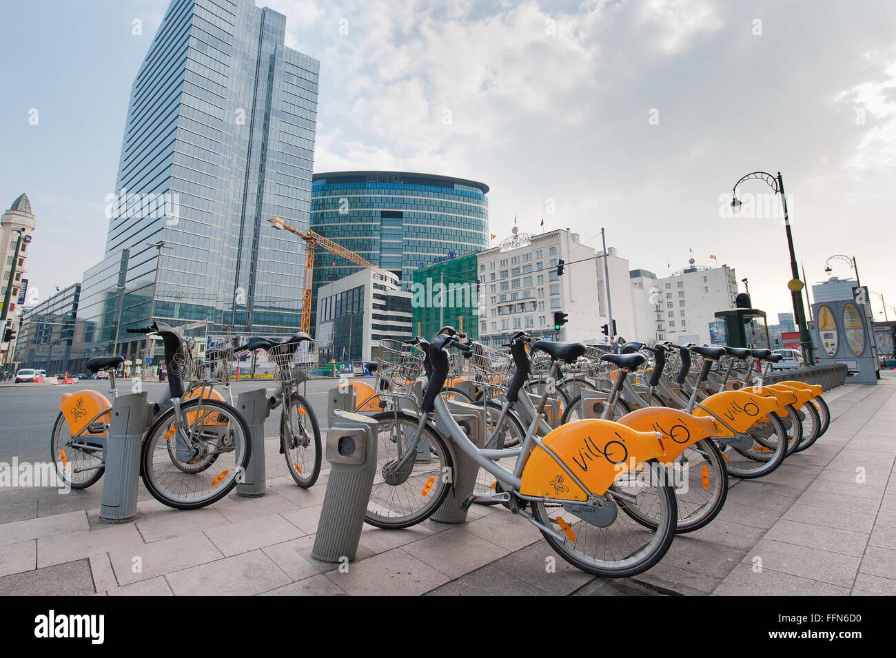 BRUSSELS, BELGIUM - APRIL 04, 2015: Yellow bikes of Villo!, an ...