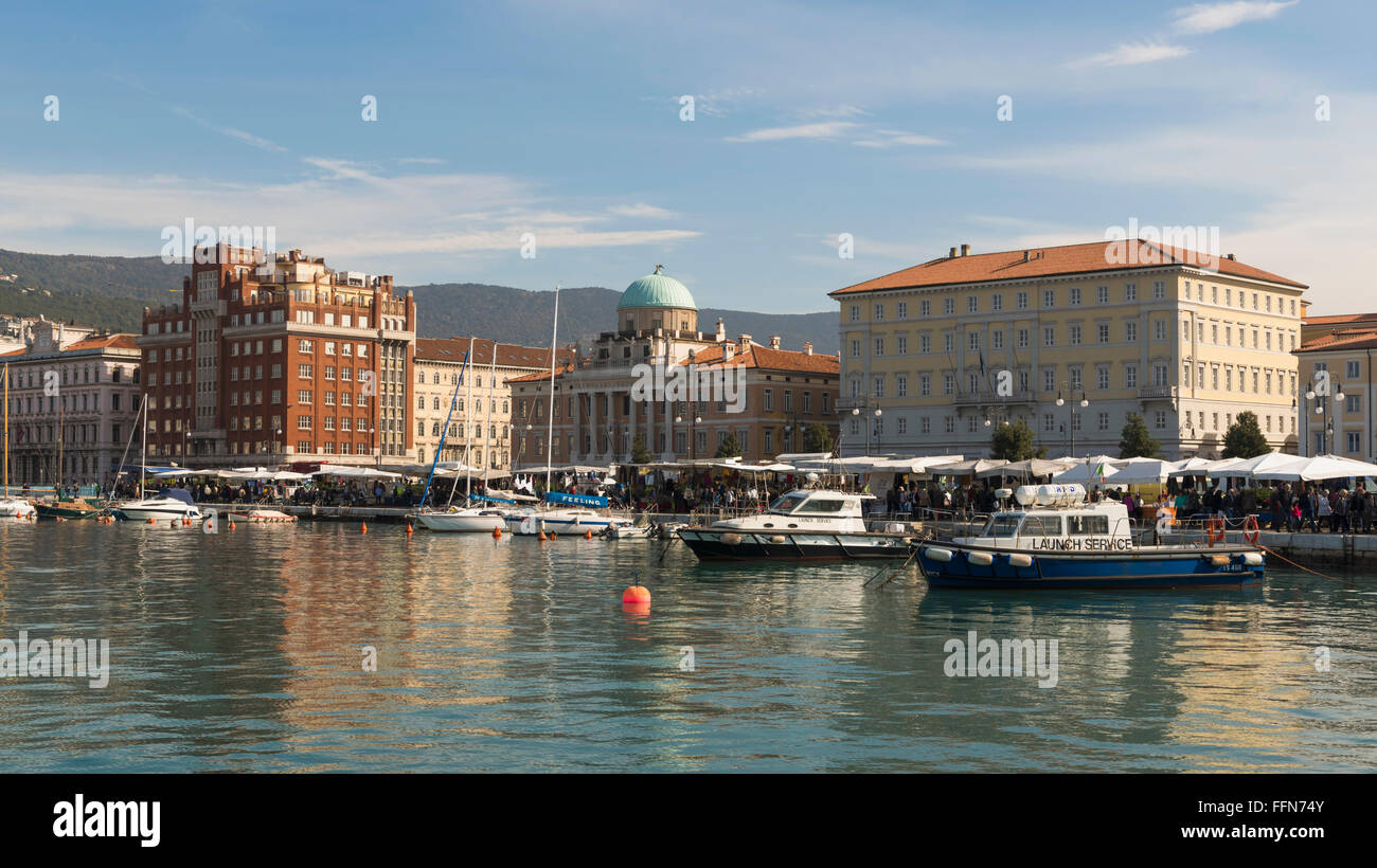 Market stalls on the Trieste waterfront, Italy, Europe with market on ...