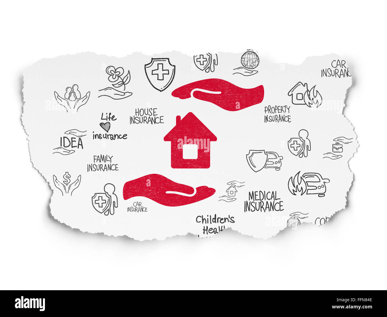 Insurance concept: Painted red House And Palm icon on Torn Paper ...