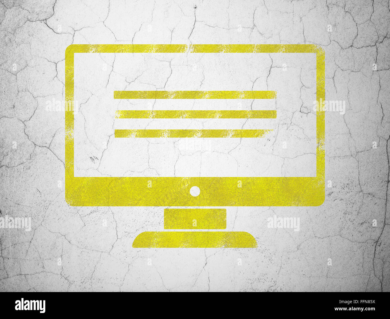 Software concept: Yellow Monitor on textured concrete wall background ...