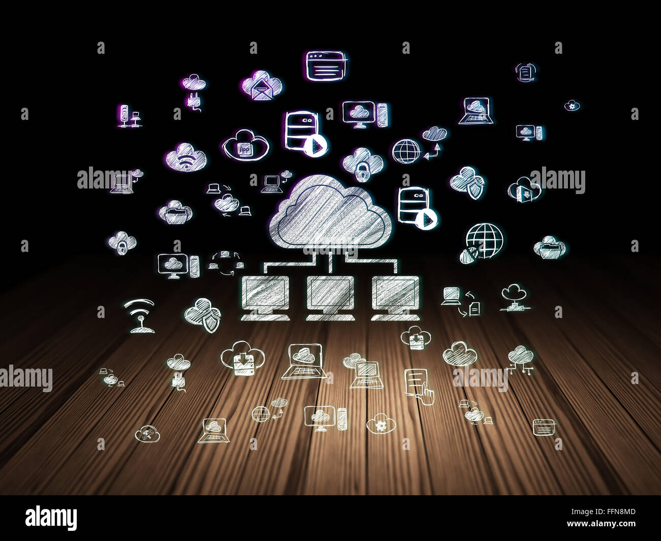 Cloud computing concept: Cloud Network in grunge dark room Stock Photo ...