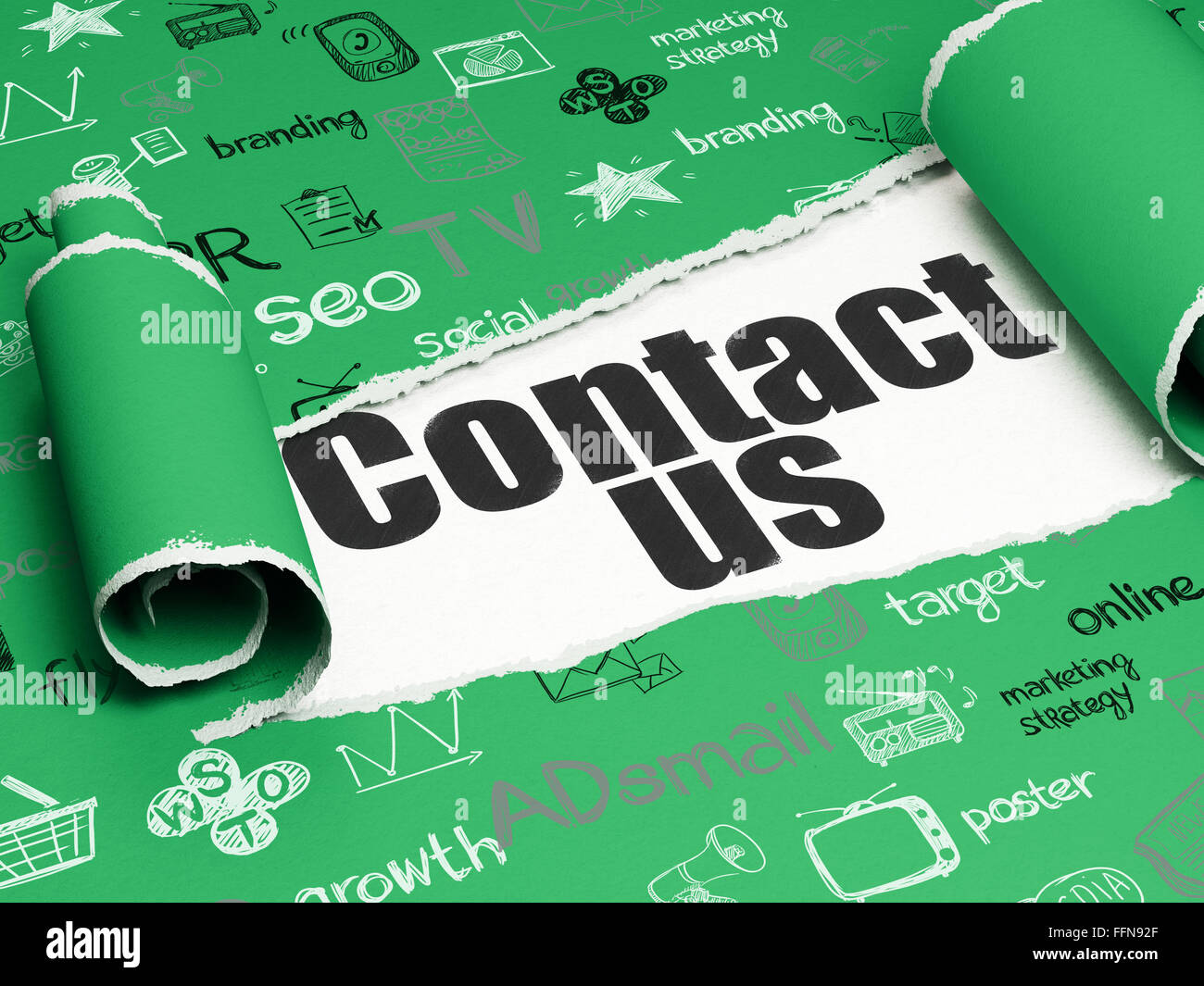 Marketing concept: black text Contact Us under the curled piece of ...