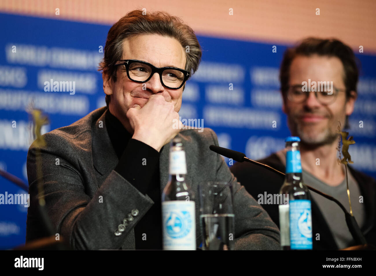 Berlin, Germany. 16th Feb, 2016. Actor Colin Firth (L) attends a press ...
