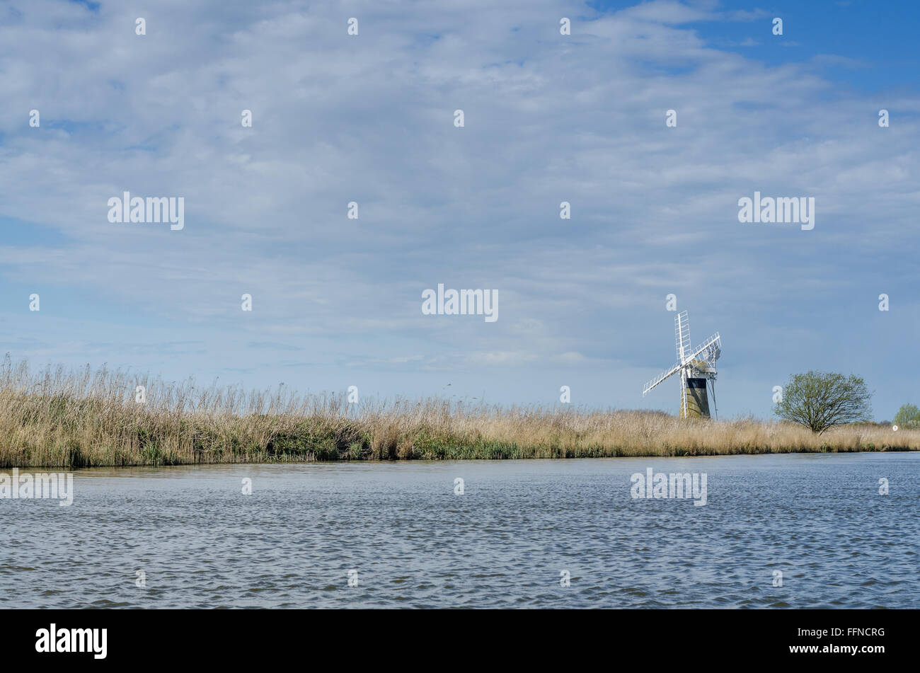 Thurne Dyke Windmill on the river Bure, Norfolk Broads, England, UK ...