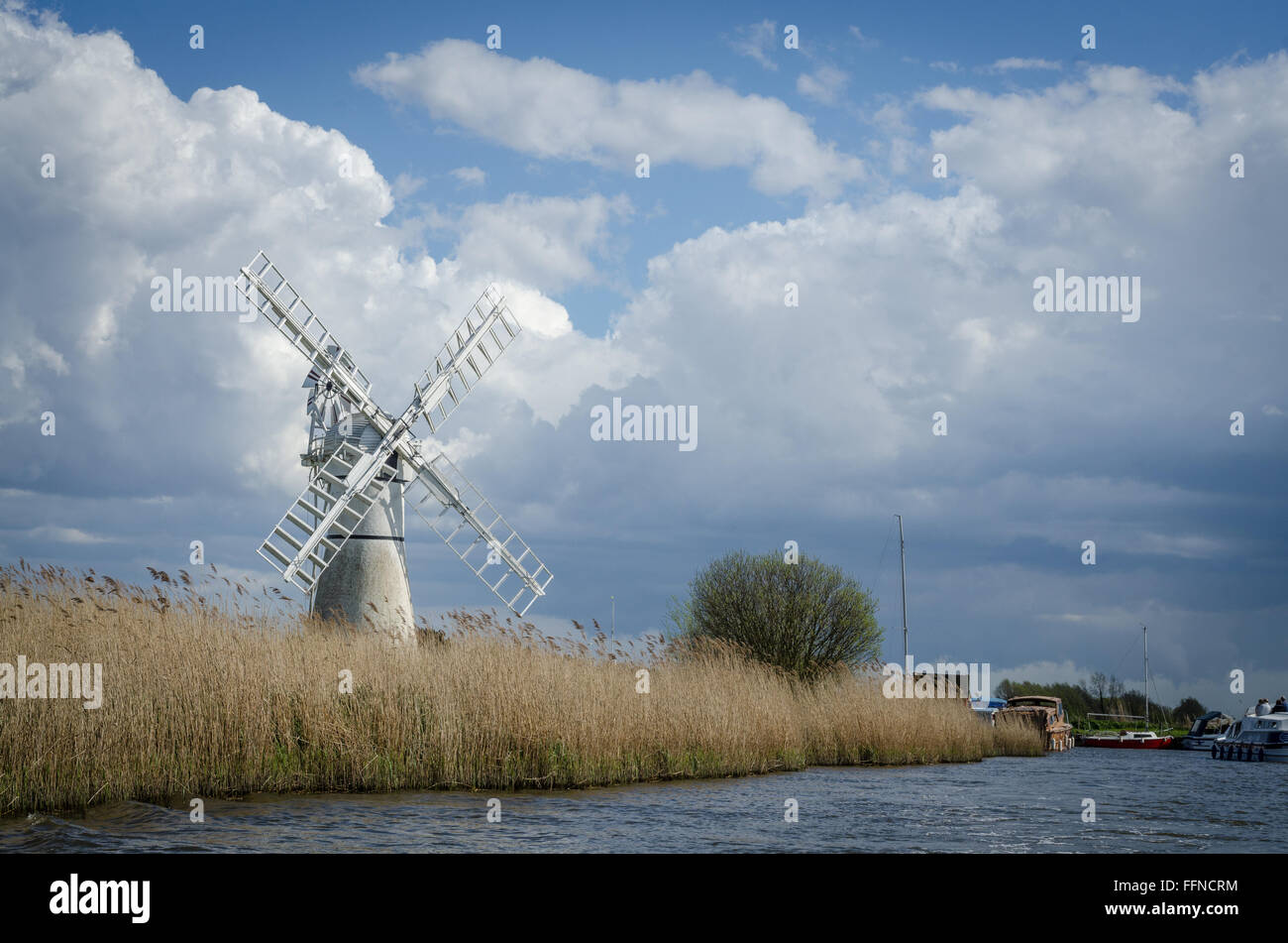 Thurne Dyke Windmill on the river Bure, Norfolk Broads, England, UK ...