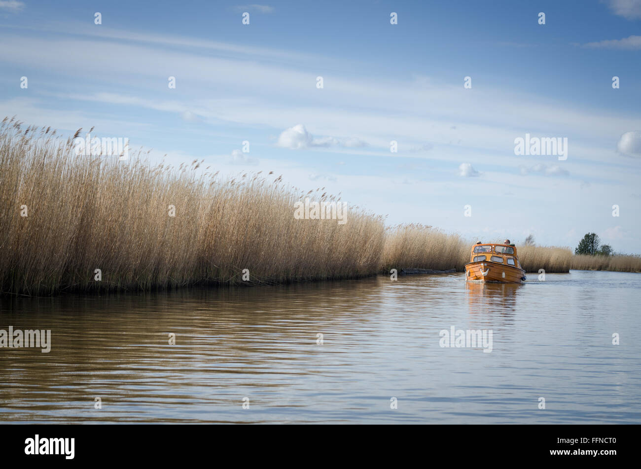 A pleasureboat along the river Bure, Norfolk Broads, Norfolk, England ...