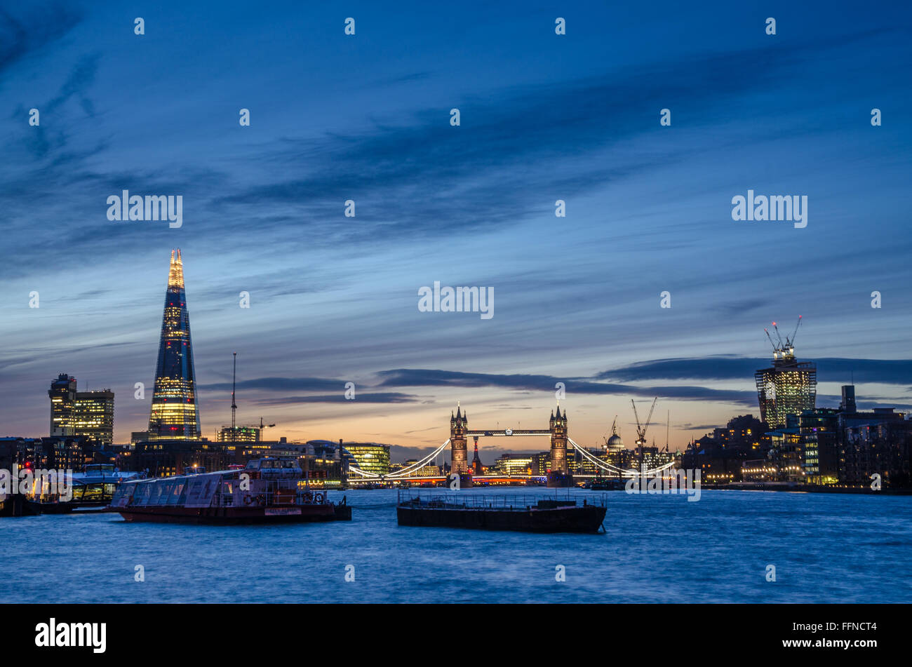 The Shard and Tower Bridge as seen from Rotherhithe, London Stock Photo ...