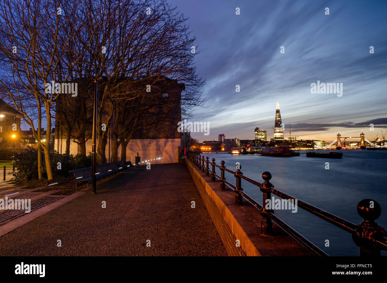 The Shard and Tower Bridge as seen from Rotherhithe, London Stock Photo ...