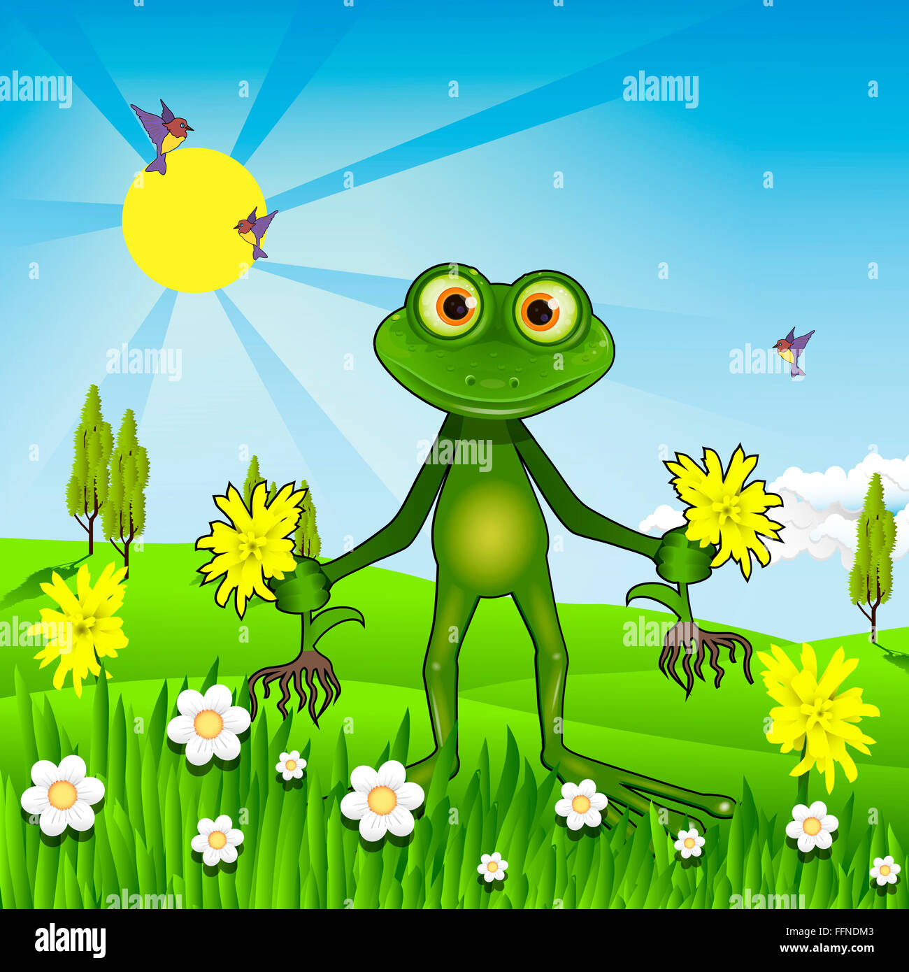 Illustration of a green frog weeding dandelions Stock Photo - Alamy