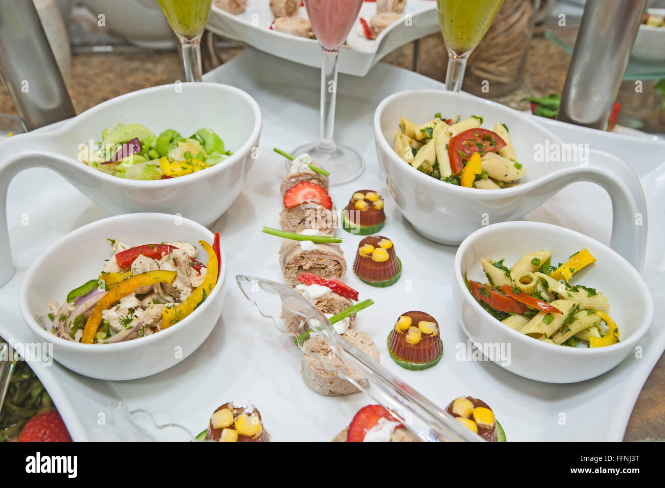 Selection display of salads at a luxury restaurant buffet bar area ...
