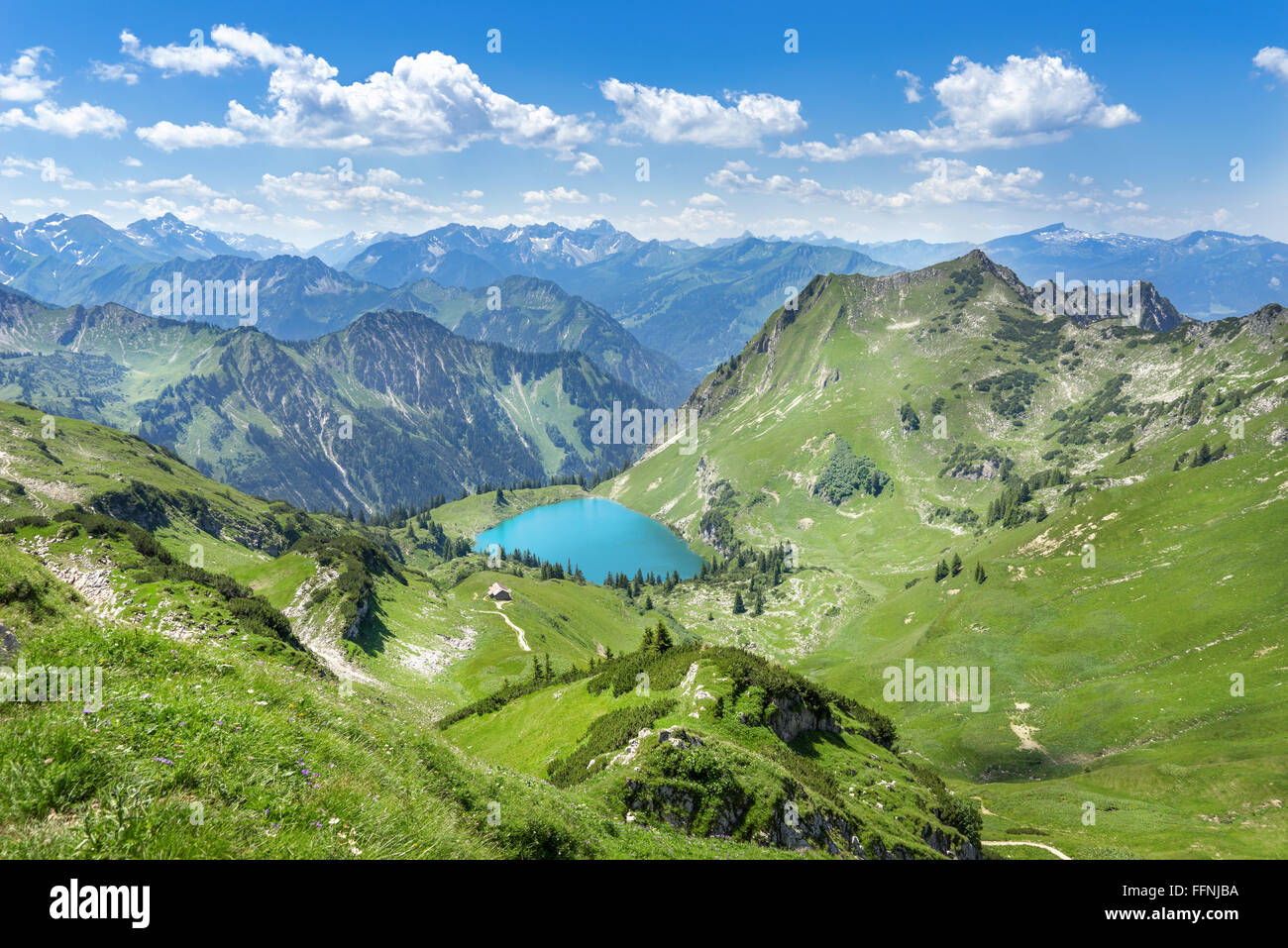 Lake Seealpsee in the mountain landscape of the Allgau Alps above of ...