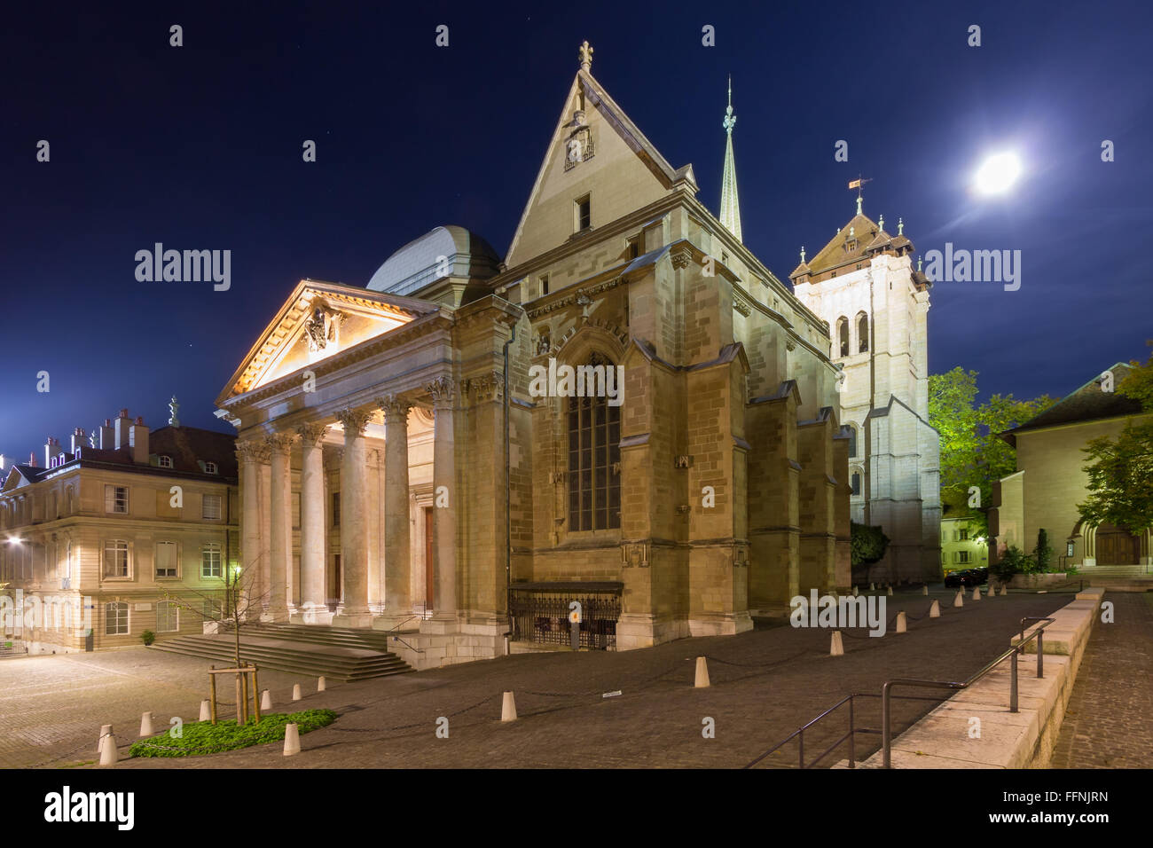 Side view of the St. Pierre Cathedral in Geneva's old town, on a full ...